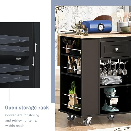 Gustonhon Kitchen Island with Drop Leaf,Dining Table Trolley with Power Outlet and Rubber Wood,Open Storage and Wine Rack,5 Wheels,with Adjustable Storage for Home, Kitchen, and Dining Room (Black)