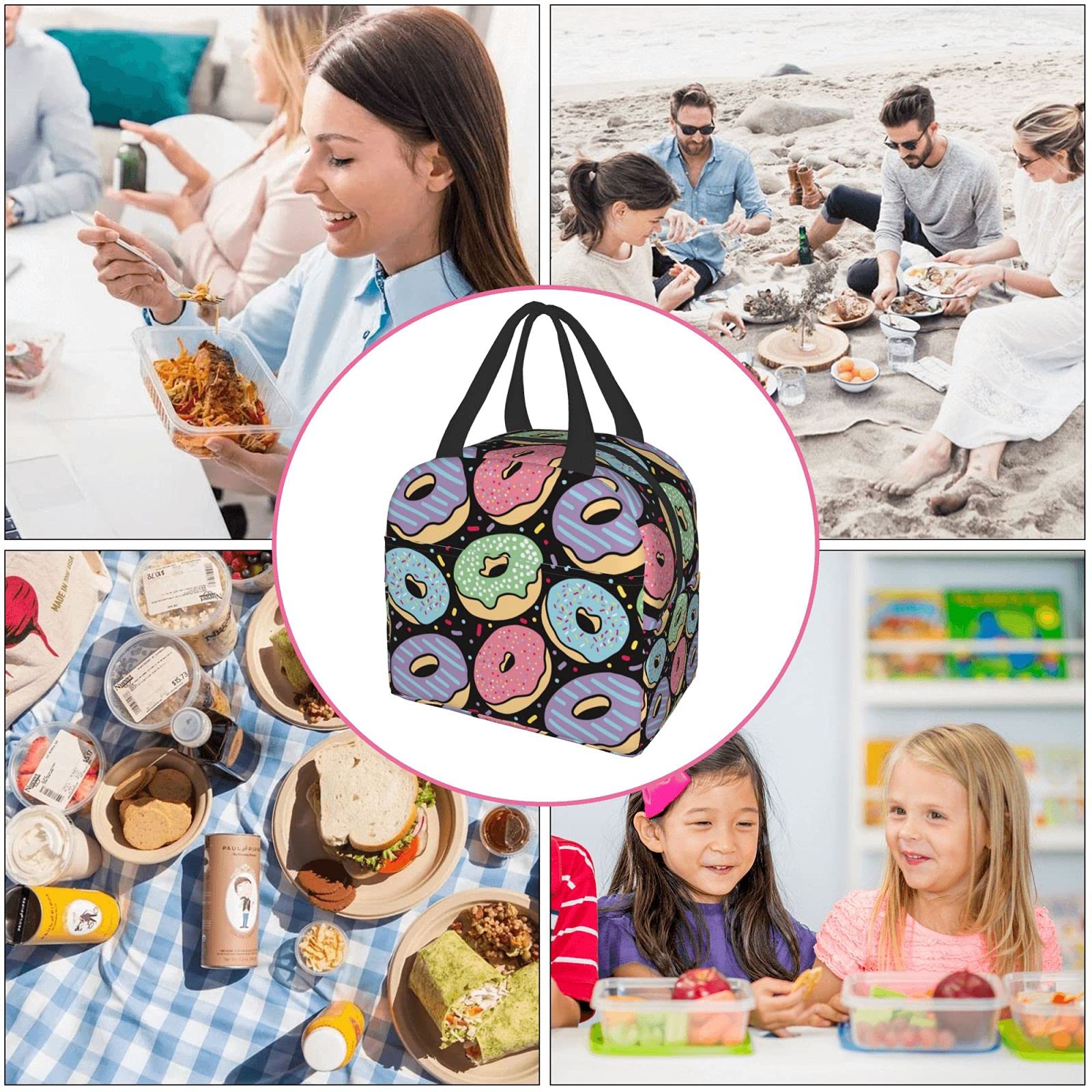 carati Colorful Donuts Lunch Box Insulated Lunch Boxes Waterproof Lunch Bag Reusable Lunch Tote With Front Pocket For School Office Picnic