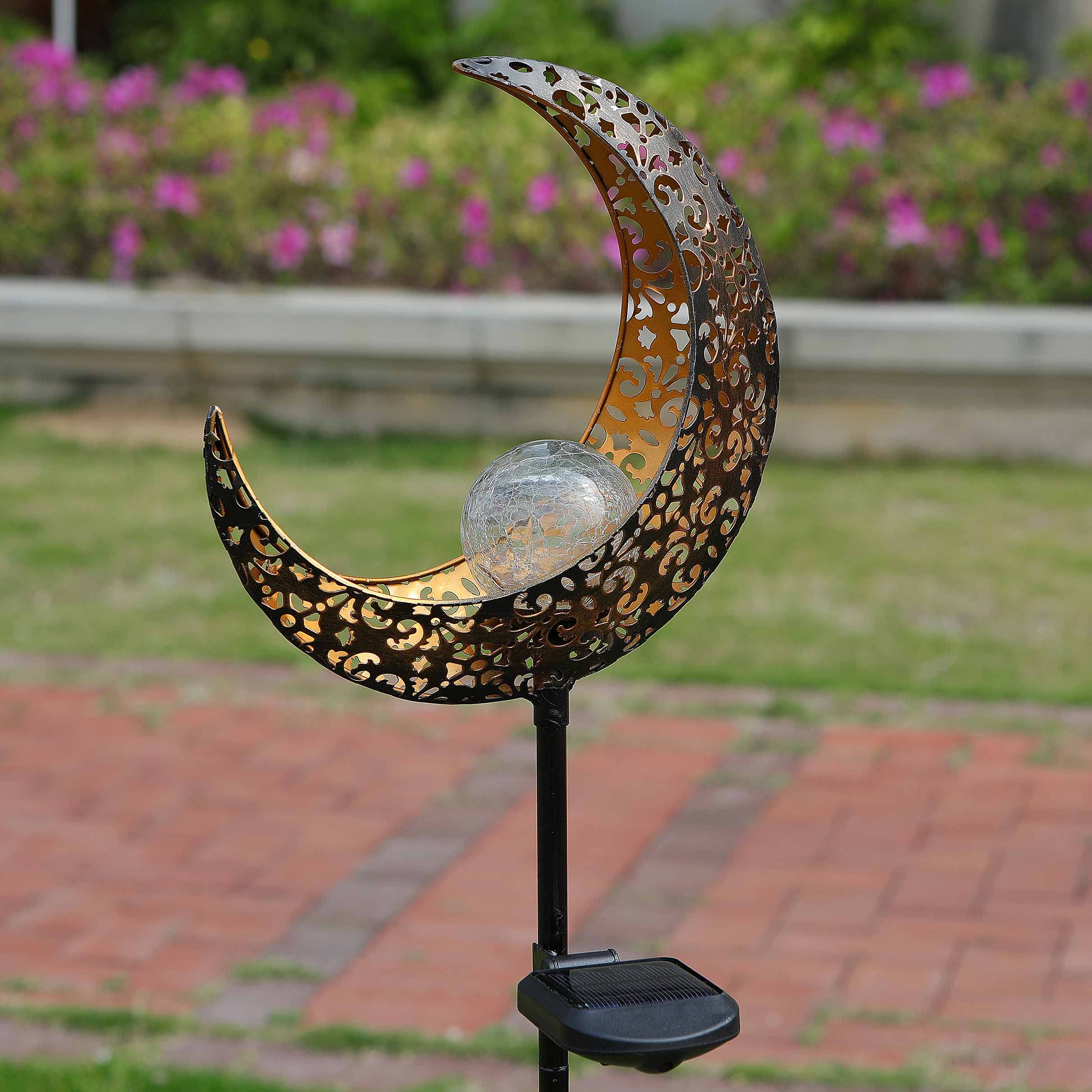Joyathome Garden Solar Stake Lights Pathway Outdoor Moon Crackle Glass Globe Stake Metal Lights, Waterproof Warm White LED for Lawn, Patio or Courtyard
