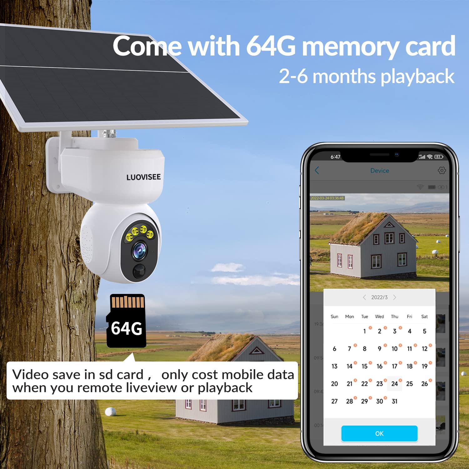 Cellular Security Camera Wireless Outdoor Solar 3G/4G LTE,Solar Power Battery No Need WiFi Cellular Trial Camera,PTZ 360 View,IP65 Weatherproof,PIR Motion Detection,Colorful Night Vision,2-way Talk