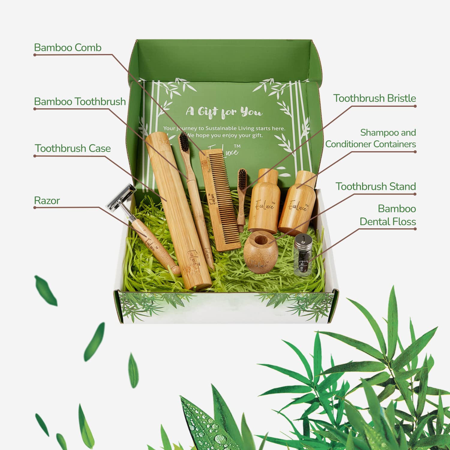EcoLuxe Sustainable Gift Box Personal Care Travel Sized Toiletries Bundle, Bamboo Toothbrush, Dental Floss, Comb,Liquid Containers, Razor, Bamboo Travel Case and Stand, 9 Items