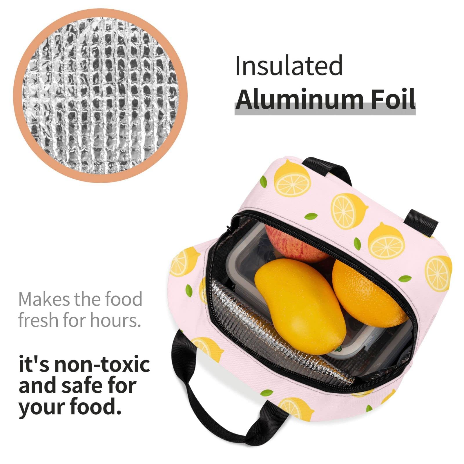 carati Cut Lemon Pink Pattern Lunch Bag, Waterproof, Dirt-Resistant, Lightweight, With Zipper, 8x5 Inch