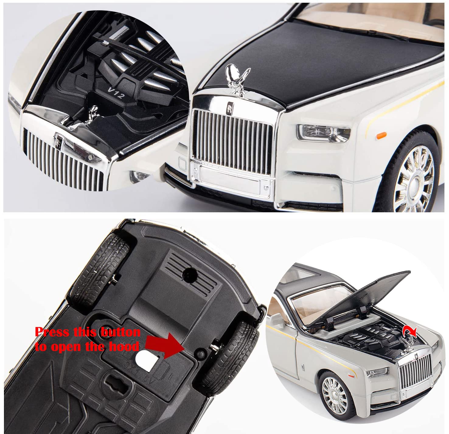 Toy Car Model White Rolls-Royce Phantom Alloy Collectible Pull Back Vehicles Diecast with Light and Sound