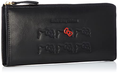Sanrio Hello Kitty No.87062 Women's Wallet, Genuine Leather, Cowhide Leather, Long Wallet, Large Capacity, Thin, Long, Holds a Lot of Items, Ribbon Motif, L-Shaped Zipper, Long Wallet, Black