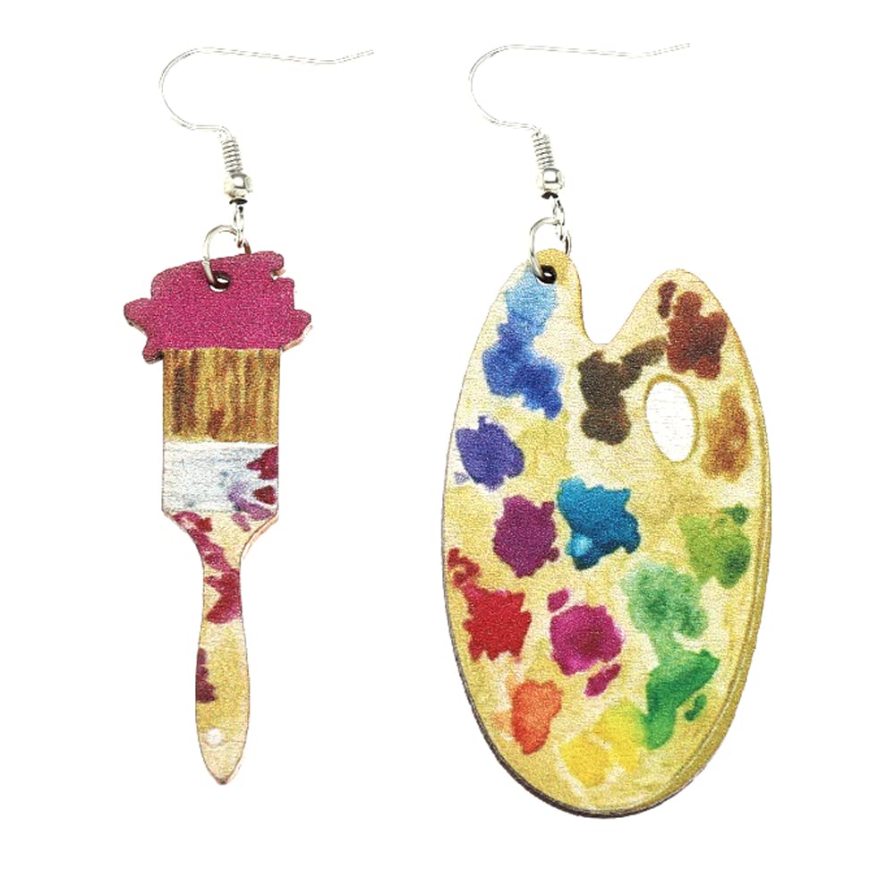 Bohemian Vintage Big Wooden Artist Double-sided Printing Paint Brush Dangle Drop Earrings Paint Palette Charm Earrings Colorful Painter Jewelry for Women Artist Gift Art Teacher Gifts (Colorful Palette)