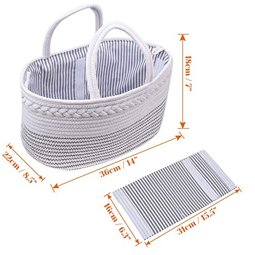 Shynek Rope Diaper Caddy Organizer Baby Diaper Caddy Basket Changing Table Diaper Nursery Basket with Removable Insert and Stroller Hooks Clips for Diaper Baby Shower Newborn Registry