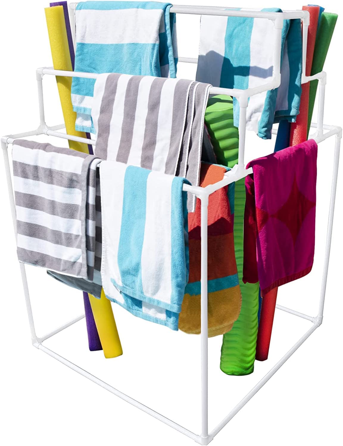 Essentially Yours Pyramid Towel Rack 10 Bar - Dry Wet Towels, Organize Fresh Towels, Poolside Towel Storage Organizer, (35.5" W x 35.5" L x 55" H), White Style 744125