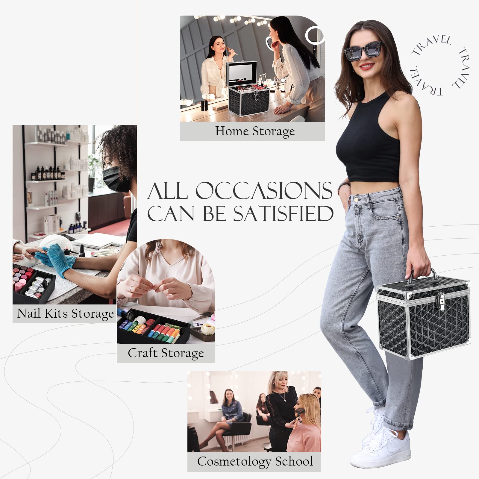 Costravio Makeup Train Case Travel Organizer Case Professional Cosmetic Storage Box with Divider Tray Mirror Portable Cosmetology Sewing Box for Makeup Artist Nail Tech Kits Crafters Train Case Black