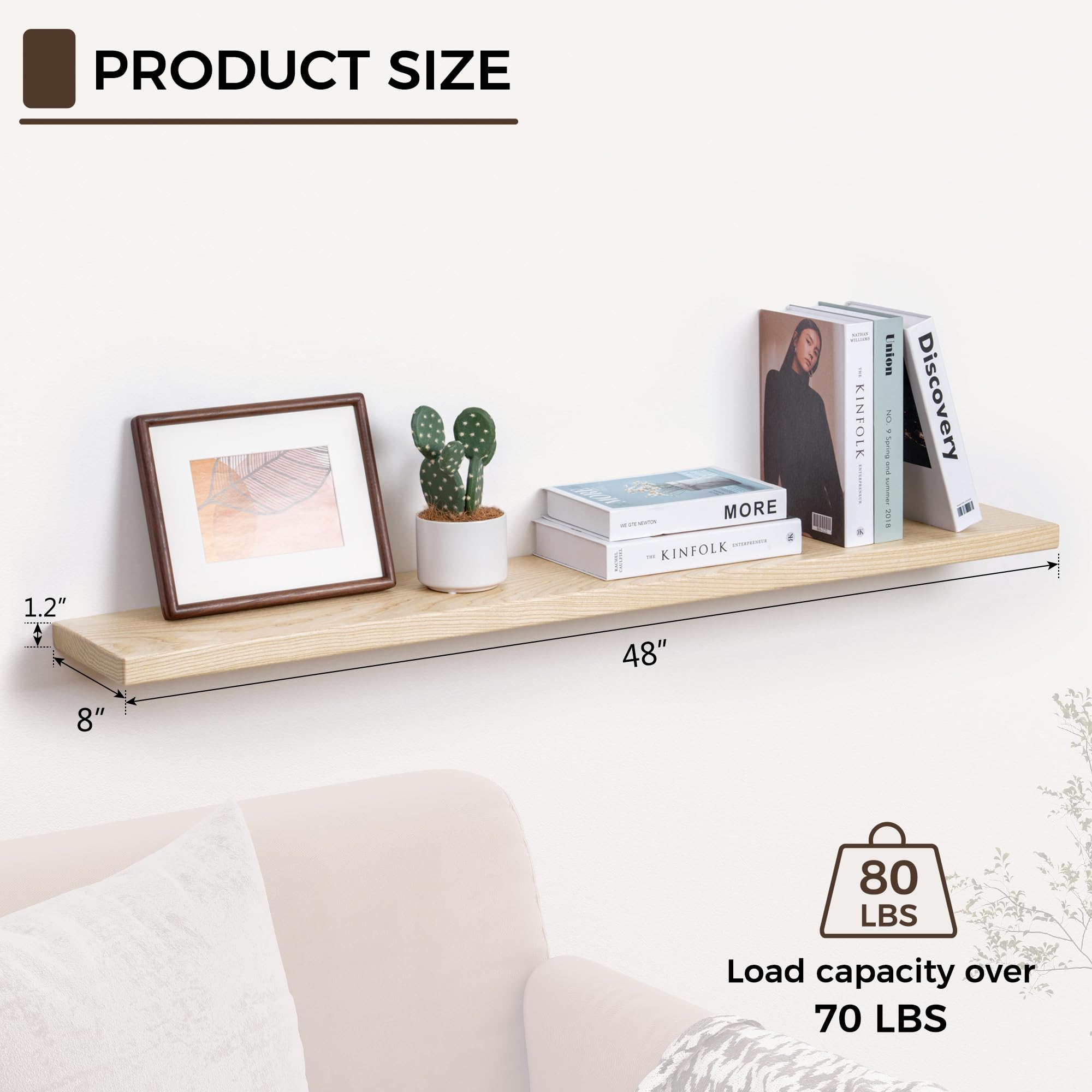 FLYJOE Floating Shelves for Wall, 48 Inch Floating Shelf Set of 1, Solid Ash Wood Wall Shelves, Rustic Grey Wooden Shelves for Living Room Bedroom Kitchen Home Office - Grey