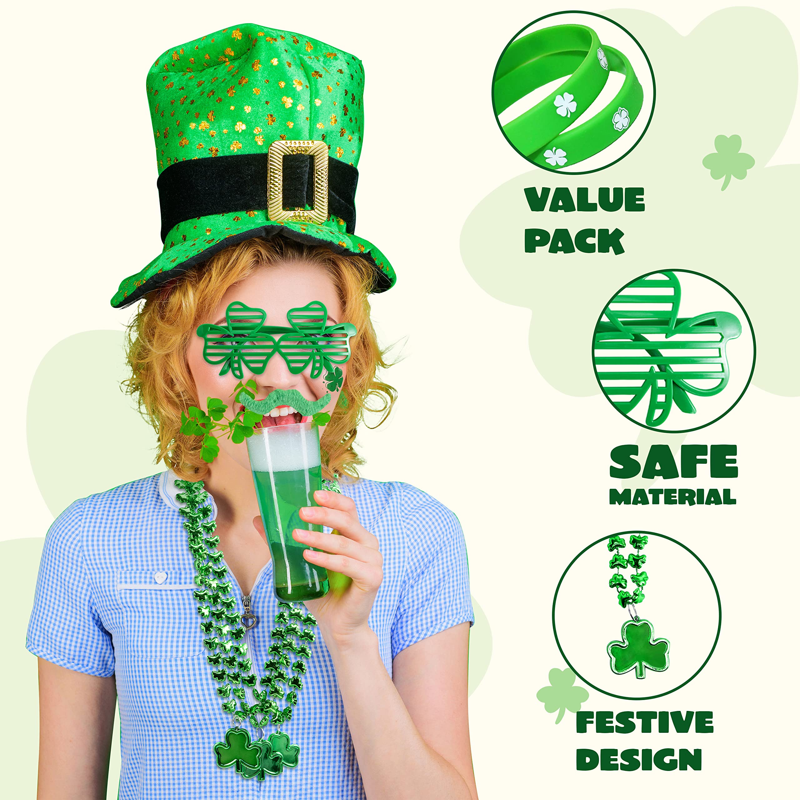 JOYIN 156 Pcs St. Patrick's Day Party Favor Set, 6 Necklaces 6 Eyeglasses 12 Bracelets 72 Temporary Tattoos 12 PCS Mustache 48 Plastic Coins St Patricks Day Accessories