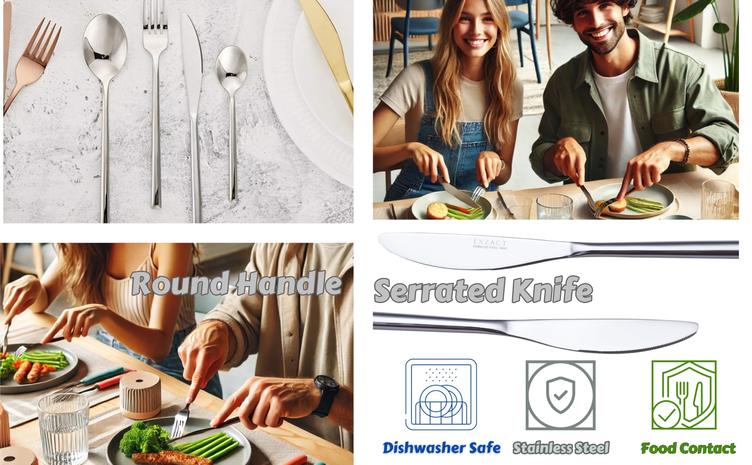 Exzact Silverware 24pcs Flatware Forged Stainless Steel - 6 x Forks, 6 x Table Knives, 6 x Tablespoons, 6 x Teaspoons - Service for 6 (24 pcs Hand Forged)
