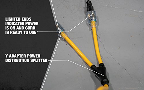 Coleman Cable 01934 3-Feet Generator Power Cord Adapter, 10/4 Splitter Y Adapter, L14-30P to (2) 10/3 Lighted 5-20R