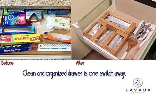 Lavaux Designs acacia wood Ziplock bag organizer Set of 4 boxes | Compatible with Ziploc, Solimo, Hefty, Glad for gallon, quart, sandwich bags & snack size ziplocks | kitchen organization and storage