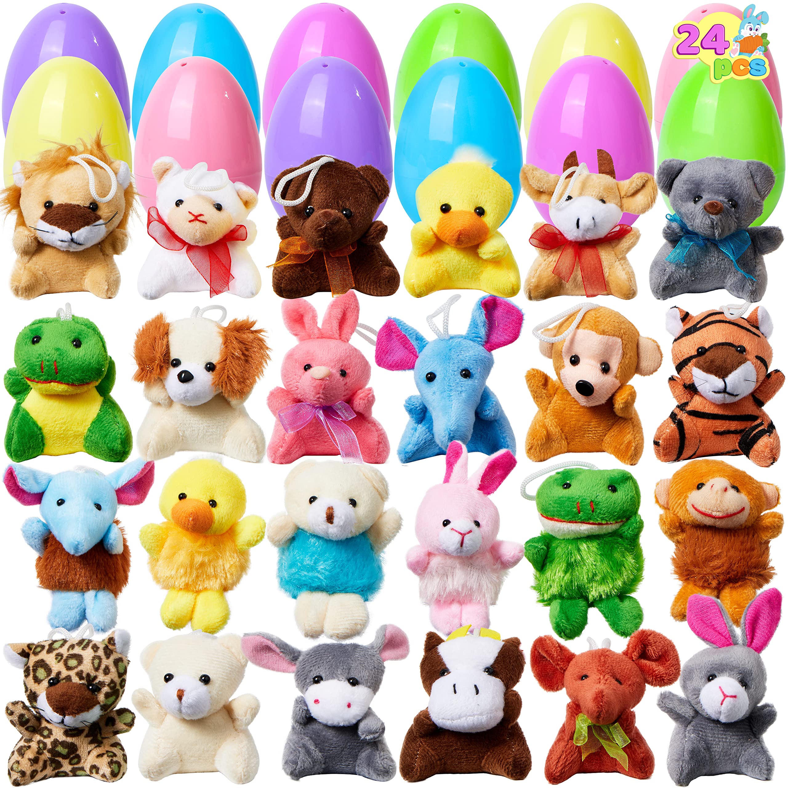 JOYIN 24 Pack Prefilled Easter Eggs of Mini Stuffed Animal Plush Toys Easter Baster Stuffer for Kids Easter Egg Hunt Filler Stuffer