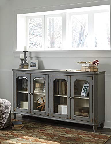 Signature Design by Ashley Mirimyn Vintage 68" 4-Door Accent Cabinet with Mirrored Glass and 2 Adjustable Shelves, Gray