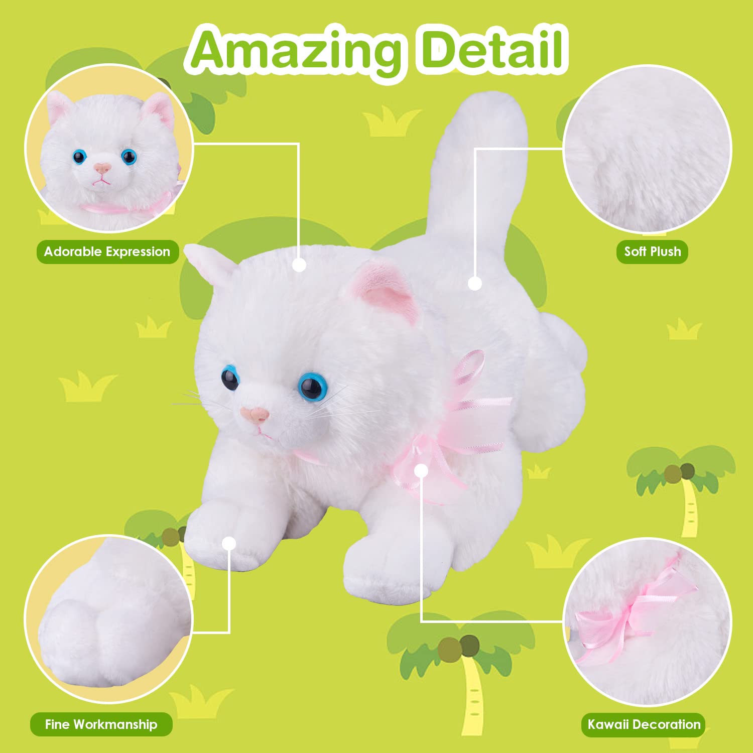 Plush Cat Stuffed Animal White Cat Realistic Toy Super Soft Kitten Cuddly Pet Kitty Fluffy Soothing Hugging Sleeping Birthday Christmas Children's Day Gift for Kid 14.96"
