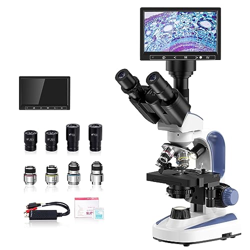 EDKKIE 40X-2500X Lab Compound Trinocular Microscope Built-in 5MP Camera with 7’’ Screen, Wide-Field 10X and 25X Eyepieces, Dual Illumination System, Double Layer Mechanical Stage