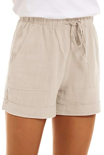 KINGFEN Womens Shorts Casual Lounge Cotton Shorts Casual for Summer Mid Rise Elastic Waist Linen Beach Pull On Comfy Drawstring Stretchy Short with Pockets Beige Medium