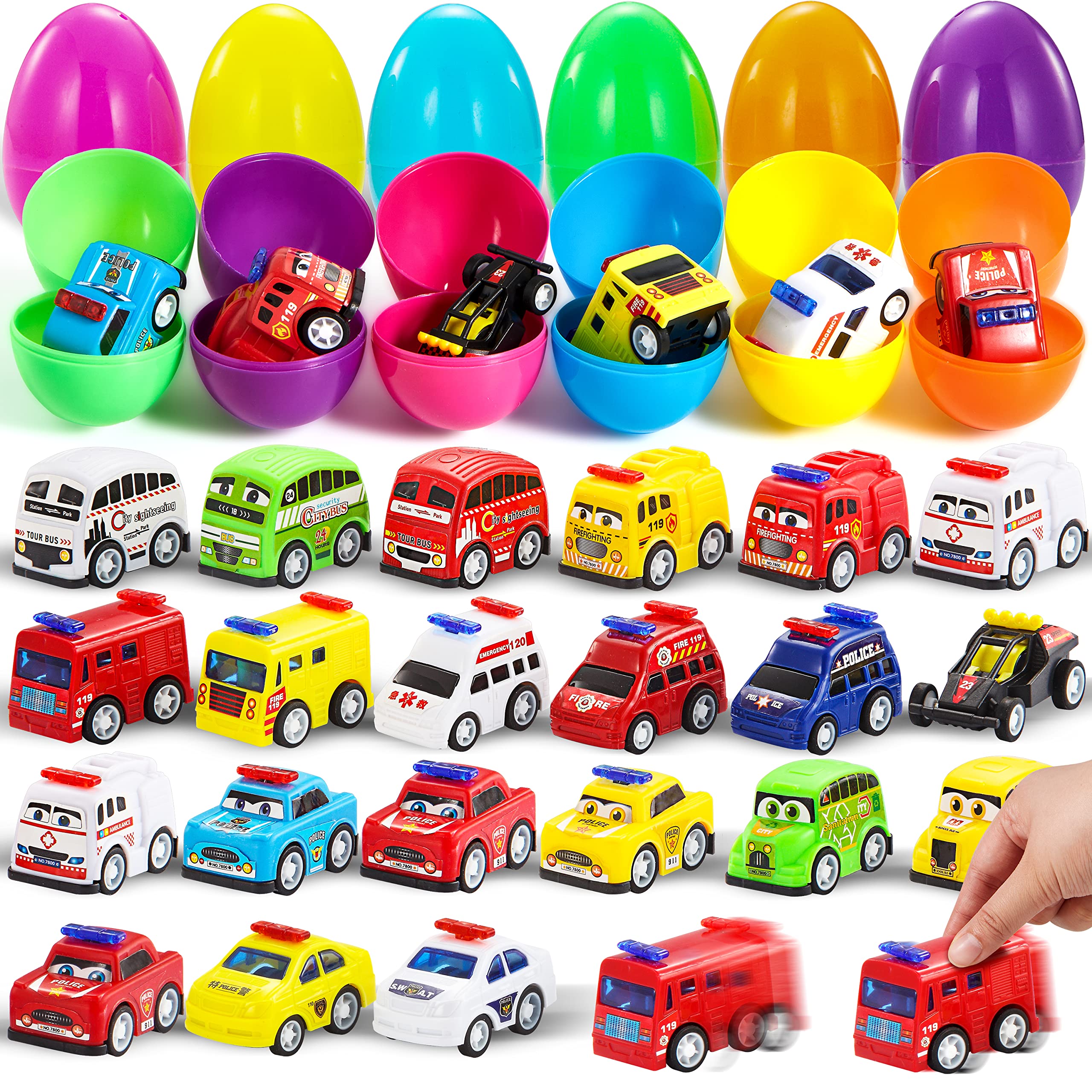 JOYIN 24 Pcs Mini Pull Back City Cars Prefilled Easter Eggs with Vehicle Toys for Kids Boys Eggs Hunt, Easter Basket Stuffers/Fillers, Party Favors, Classroom Prize Supplies
