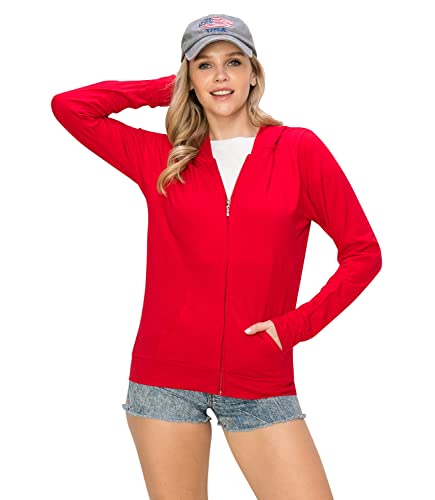 LALAPARKS Lightweight Cotton Zip-Up Hoodie Jacket - Comfy Casual Active Plain Everyday Wear - Red Large