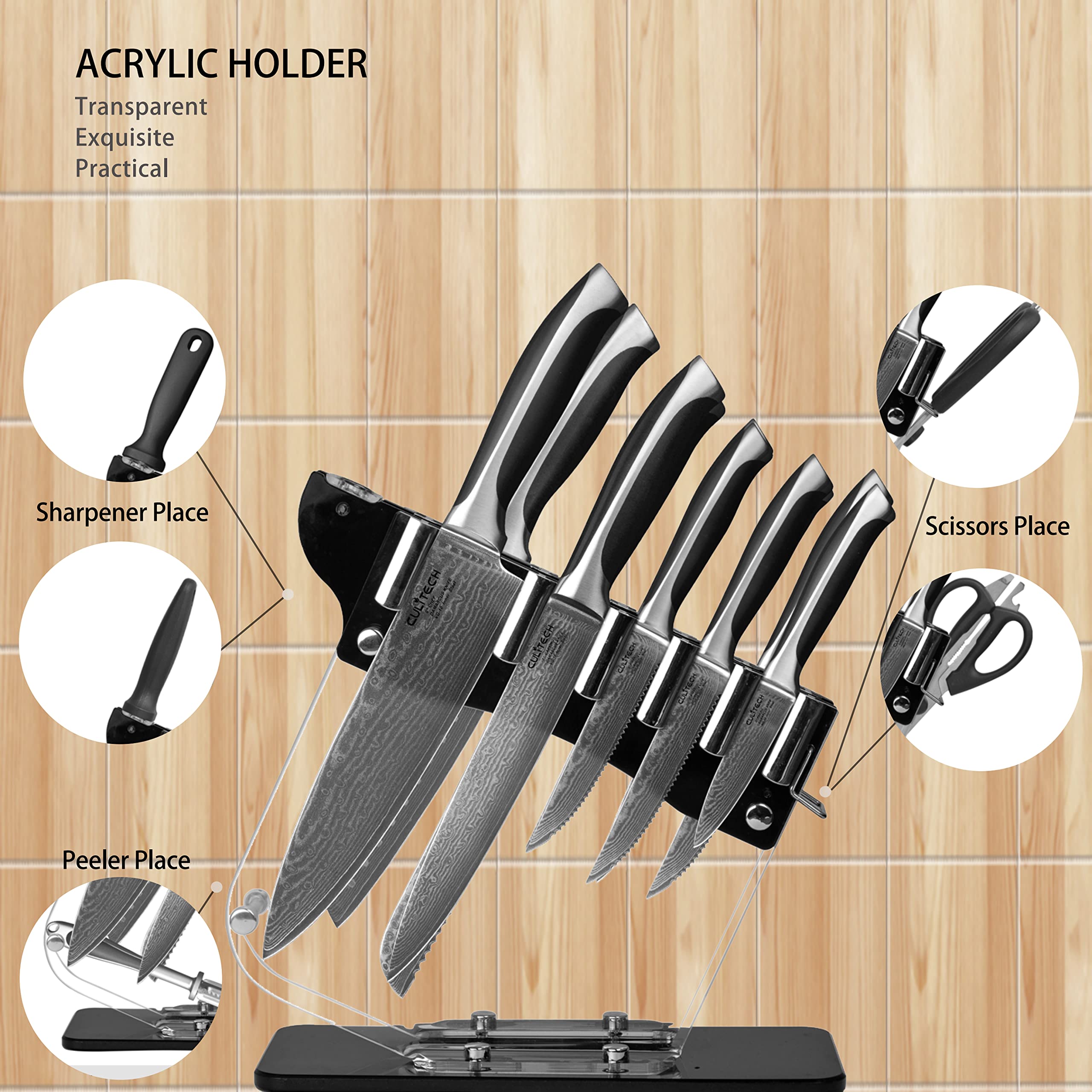 CULITECH 10+3 Piece Knives Set, Household Pro Kitchen Damascus Knife Sets with scissors,peeler sharpener, Acrylic Holder