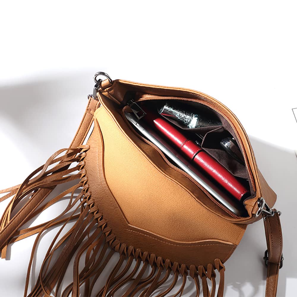 Boho Women's PU Leather Hobo Fringe Crossbody Tassel Purse Vintage Small Handbag (Black)