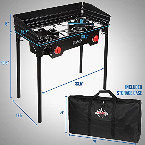 Hike Crew Cast Iron Double-Burner Outdoor Gas Stove | 150,000 BTU Portable Propane Cooktop w/Blue Flame Control, Removable Legs, Temperature Control Knobs, Wind Panel, Hose, Regulator & Storage Case