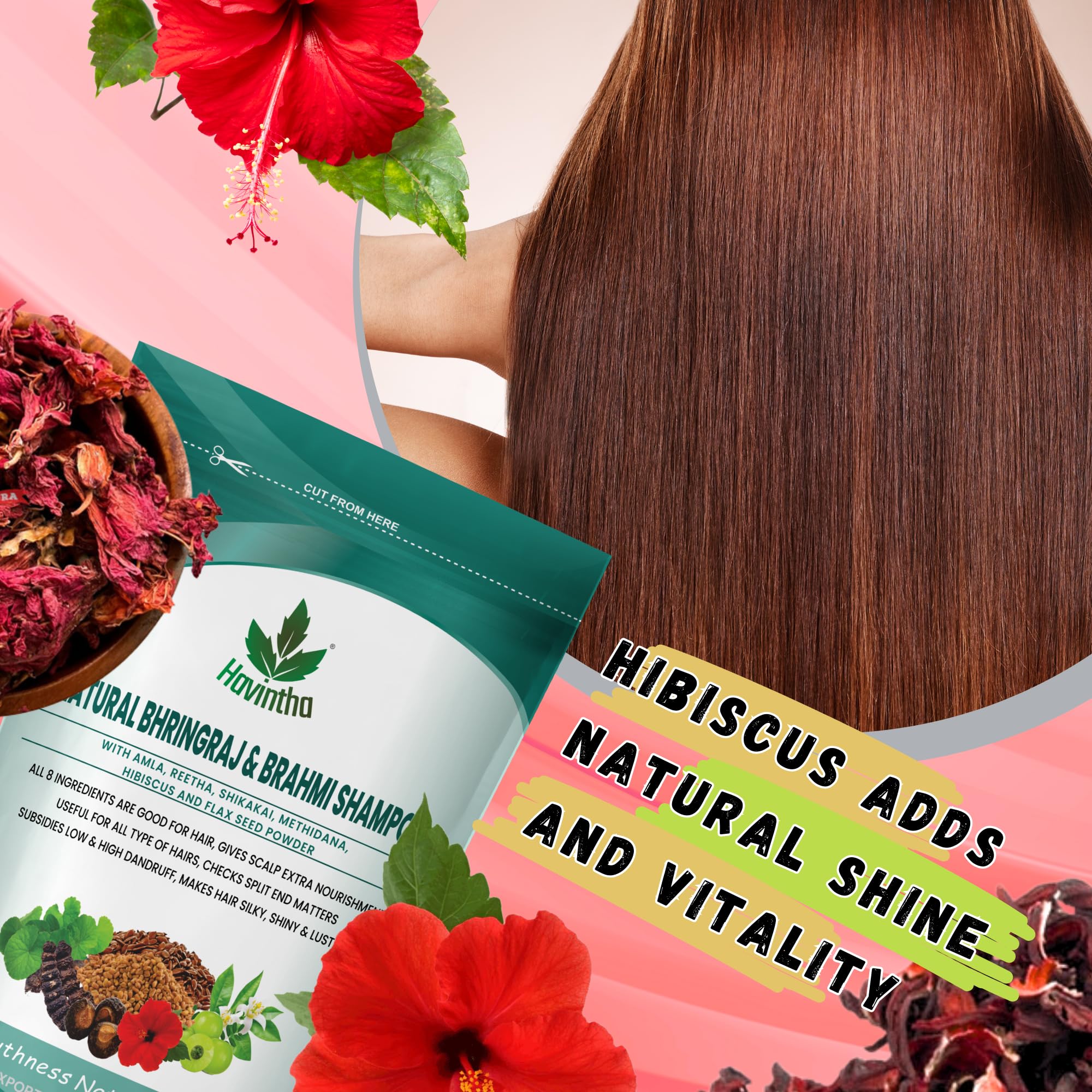 Havintha Natural Shampoo for Hair with Amla Reetha Shikakai Methidana Hibiscus Bhringraj Brahmi and Flax Seed Powder, 227gm