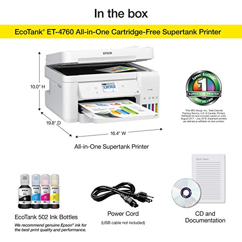 Epson EcoTank ET-4760 Wireless Color All-in-One Cartridge-Free Supertank Printer with Scanner, Copier, Fax, ADF and Ethernet - White