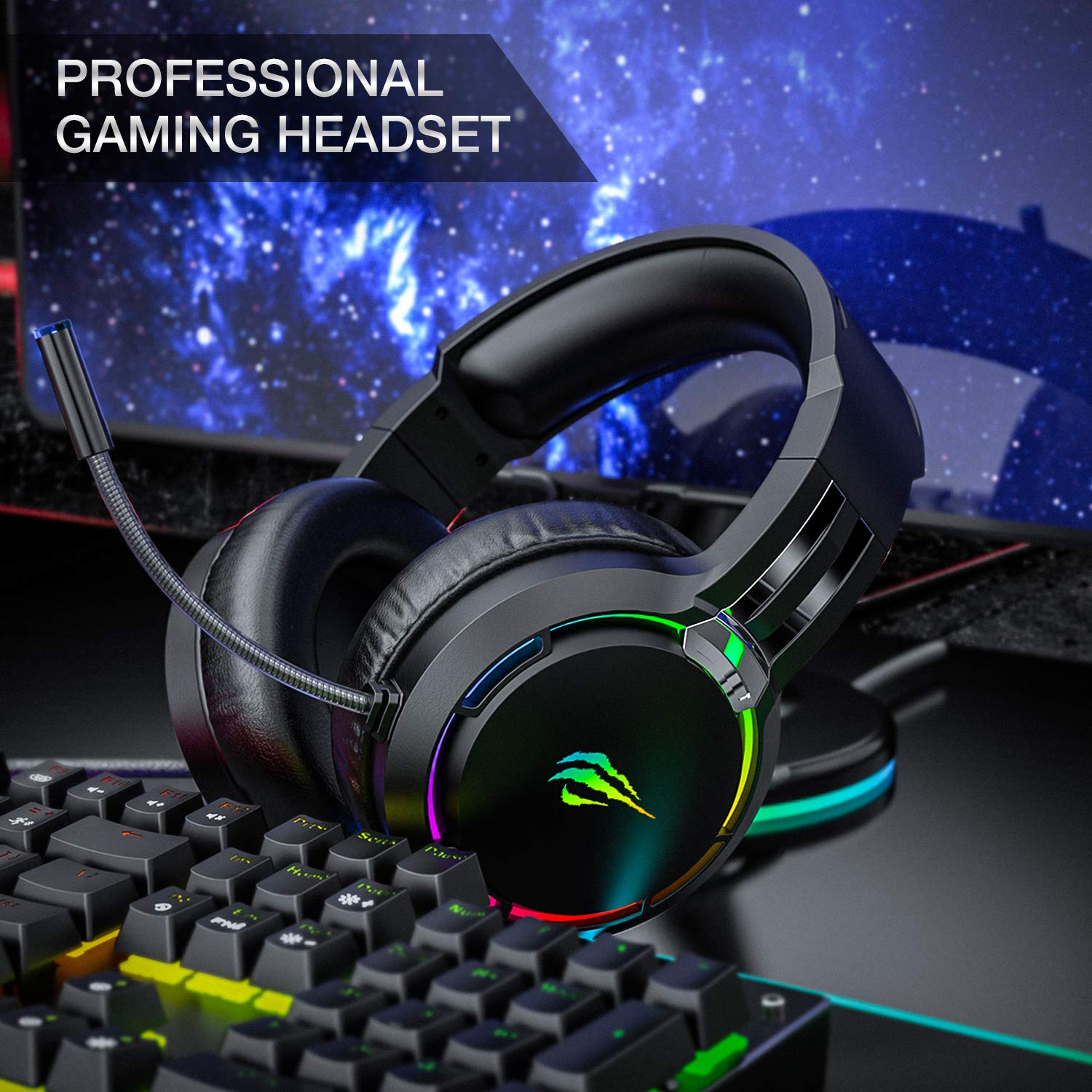 Havit RGB Gaming Headset and Headphone Stand 2 in 1 Set, Desk Dual Headset Hanger Base with Phone Holder & 2 USB Port, Gaming Headphone with Mic for Desktop PC Game PS4 PS5 Xbox