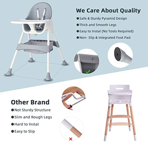 KESAIH High Chair, Height Adjustable High Chairs for Babies and Toddler with Easy-Clean Pu Cushion, Removable Tray, Adjustable Feet, 5 Point Safety Harness, Modern Toddler High Chair (Grey)1