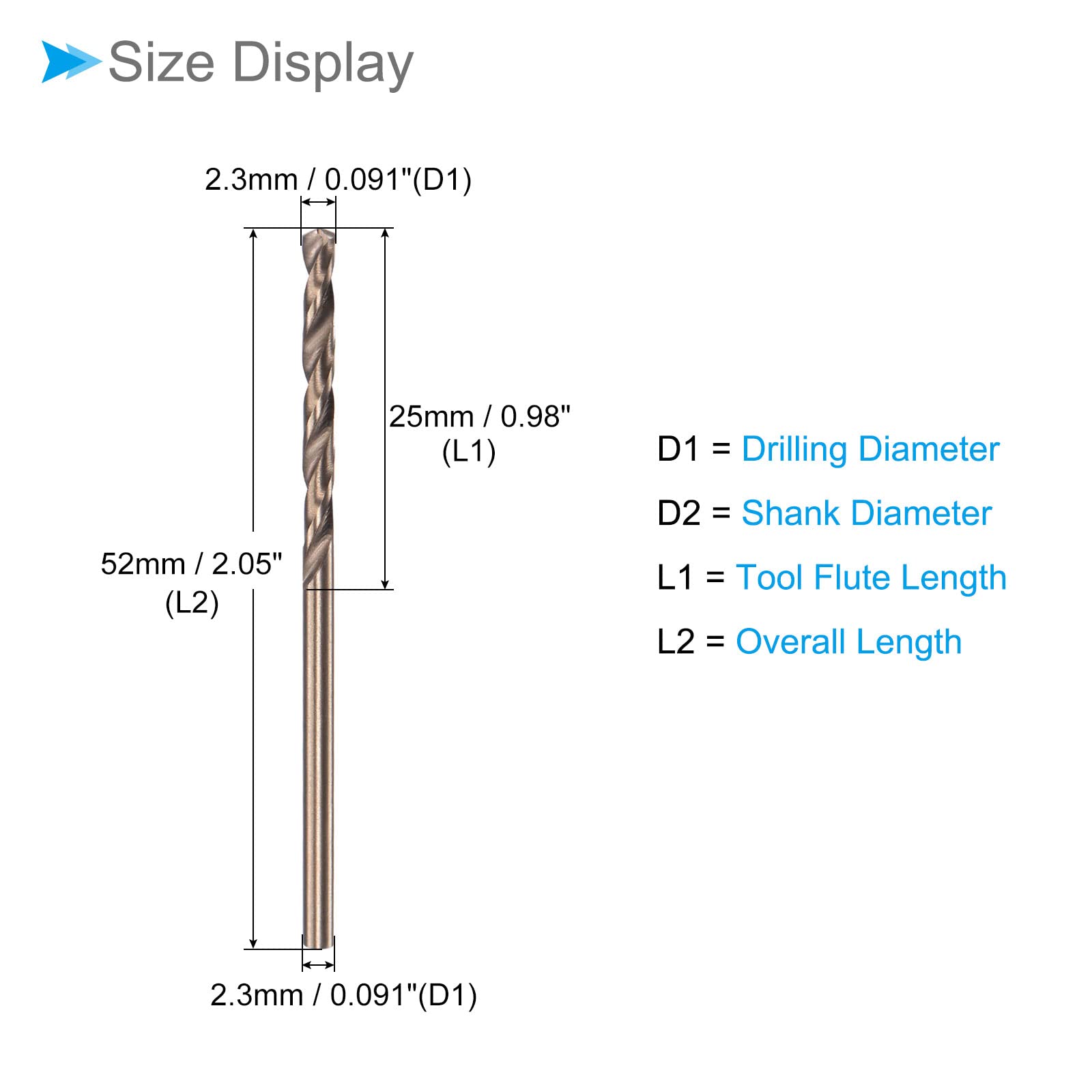 CoCud Twist Drill Bits, 2.3mm Drilling Diameter, Titanium Coated High Speed Steel 6542 Straight Round Shank - (Applications: for Stainless Steel Alloy Metal), 12-Pieces