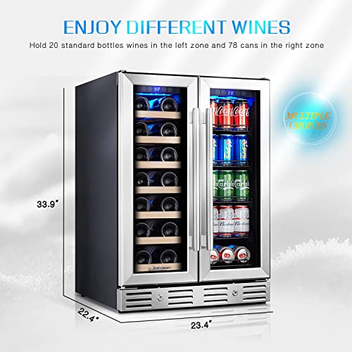 Kalamera Wine Cooler, 24 inch Built in Wine and Beverage Refrigerator, Dual Zone w/ 20 Bottles and 78 Cans Capacity, Digital Touch Control