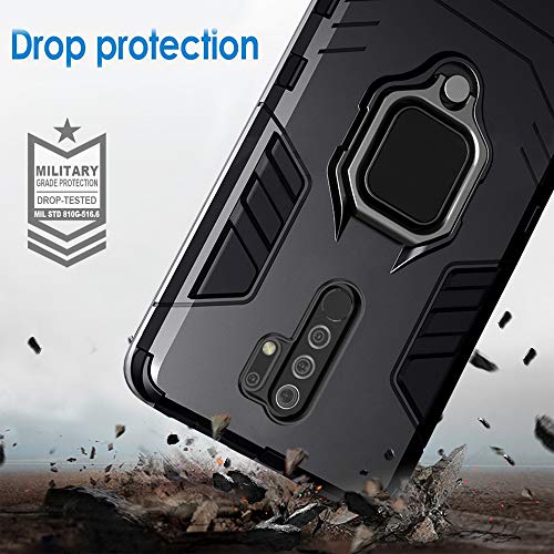 FaDream for Xiaomi Redmi 9 Case, Rugged Shockproof Dual Layer Heavy Duty Protective Kickstand Cover with [2 Pack] Tempered Glass Screen Protector (Black)