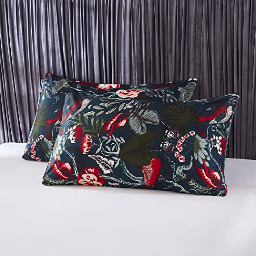 LAMEJOR Duvet Cover Set Queen Size Red Floral/Striped Bedding Set Comforter Cover (1 Duvet Cover+2 Pillowcases)
