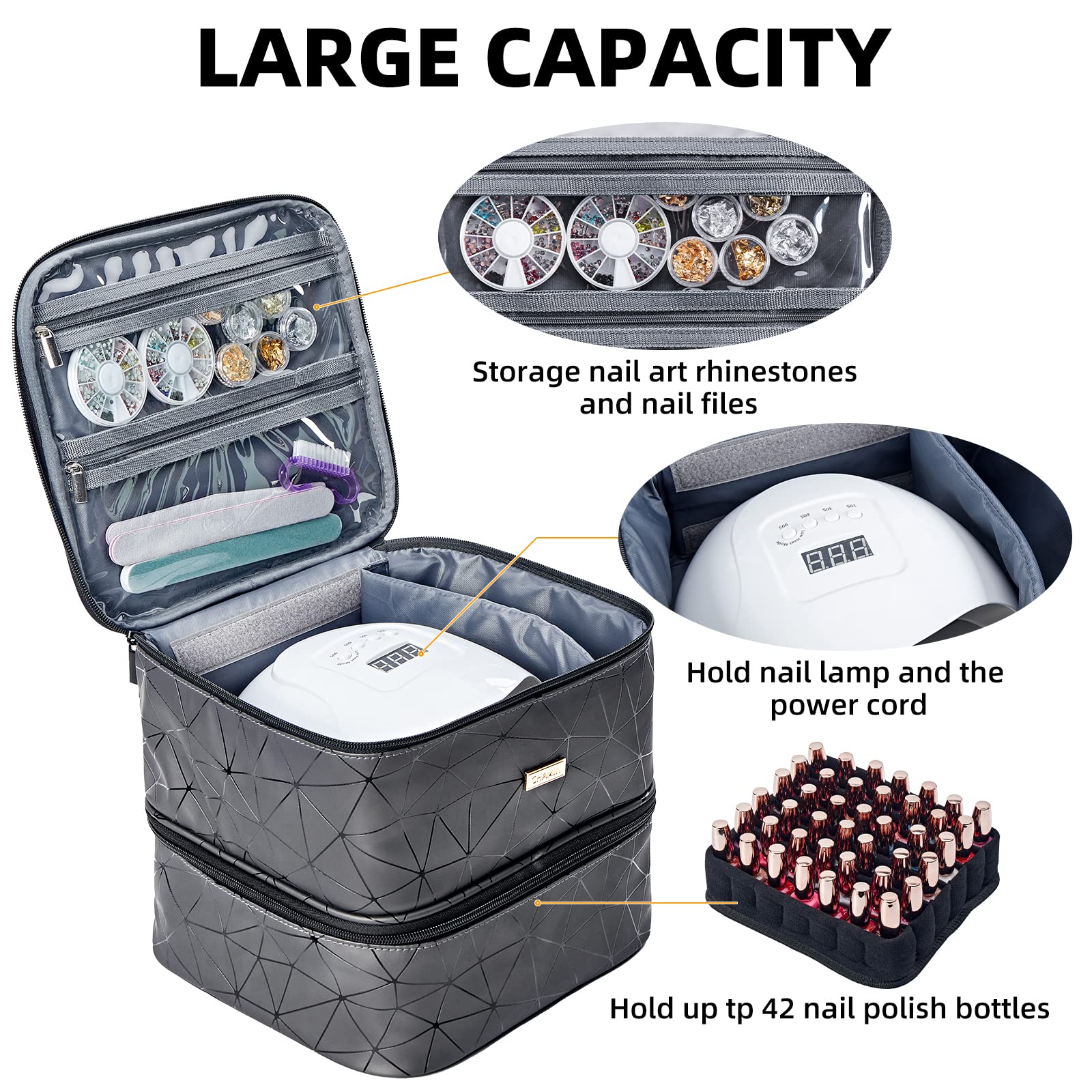 CHAMIN Nail Polish Organizer Case Hold 42 Bottles (15ml) and Nail Lamp, Nail Art Supplies Carrying Case With Detachable Interior, Double Layer Grey