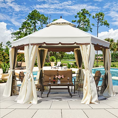 Erommy 12FT Outdoor Canopy Gazebo Hexagonal, Double Roof Patio Gazebo Steel Frame Pavilion with Netting and Shade Curtains for Garden,Patio,Party Canopy, Cream