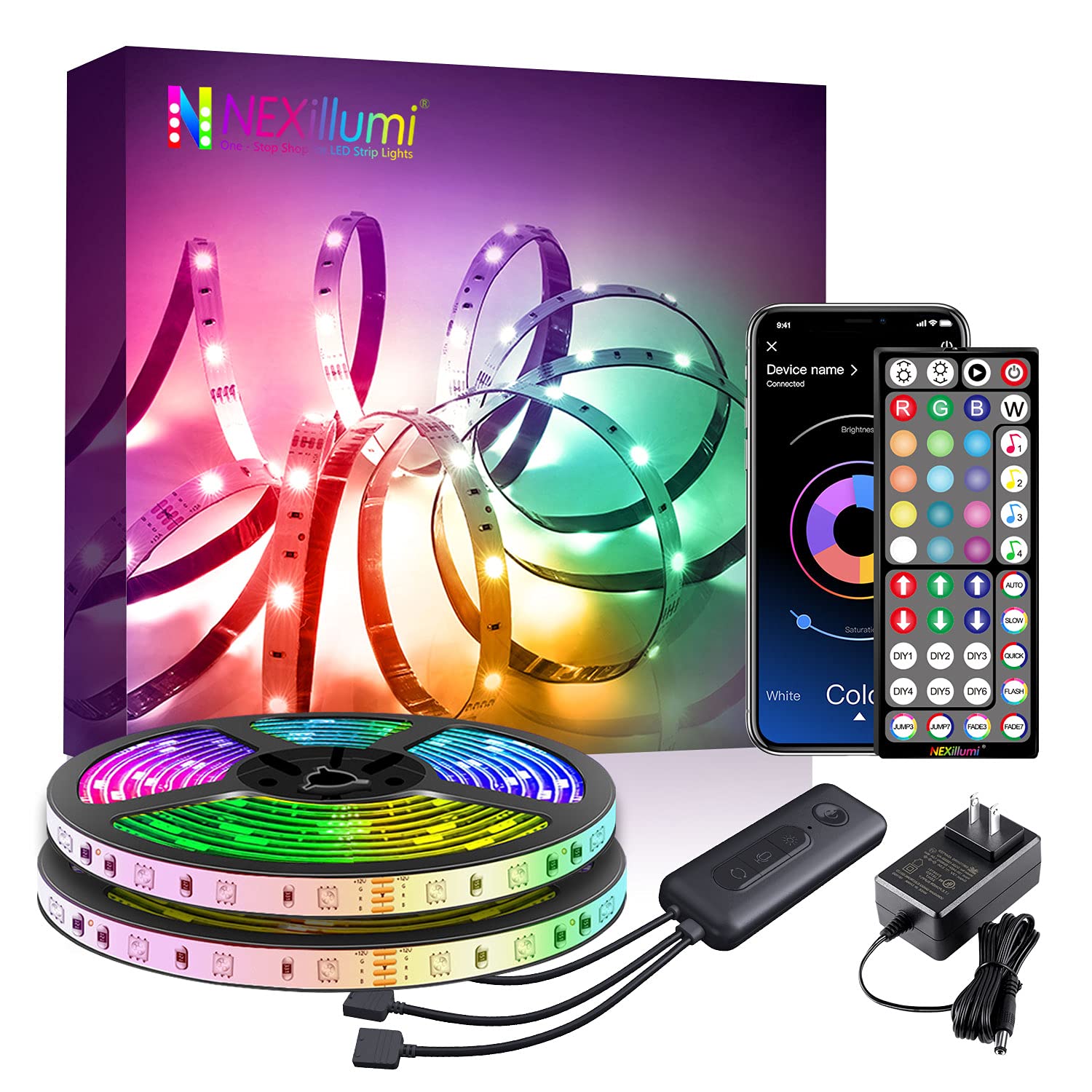 Nexillumi 50Ft LED Strip Lights Phone App Control with IR Remote Built-in Mic Music Sync LED Lights for Bedroom, Dorm Room, Home Decoration (50Ft APP+ Remote+ Mic Control)