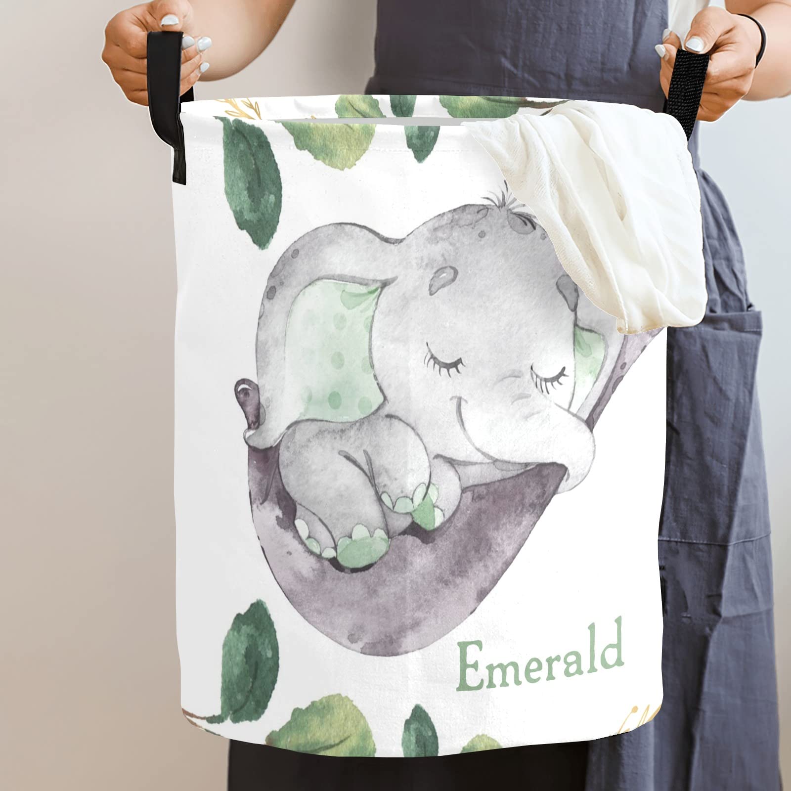 Custom Green Watercolor Elephant Laundry Basket Handles Collapsible Hamper Foldable Storage Bin Living Room Office Bathroom Bedroom