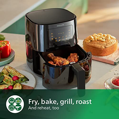 Philips Essential Airfryer Compact 1.8lb/4.1L Capacity Digital Airfryer, Black & Party Master Accessory Kit with Double Layer Rack and Silicone Muffin Cups, Silver/Red