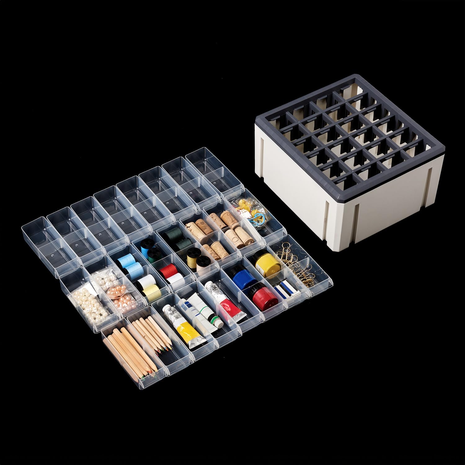 EZOWare Art Craft Storage Organizer Box, 24 Pull-Out Drawer Stackable Clear Plastic Divided Adjustable Container Bins for Small Parts, Scrapbook, Hobby, Sewing Supplies, Jewelry - White/Gray