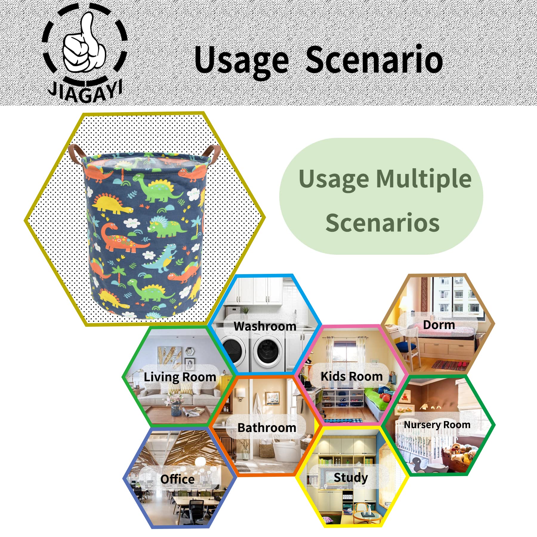 Foldable Laundry Hamper - JIAGAYI Large Round Waterproof Organizer with Handles,Home Storage,Room Toys Books Bin,Bedroom Clothes Nursery Basket.(Blue Dinosaurs)