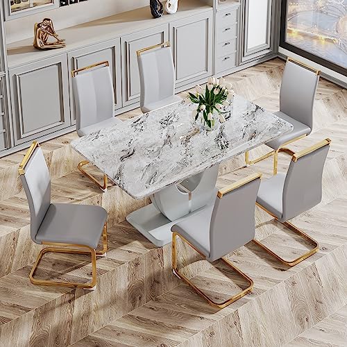 JUFU Modern Dining Table Set for 6,Rectangula Kitchen Table Set with Faux Marble Tabletop&6 Pu Leather Upholstered Chairs Ideal for Dining Room, Kitchen