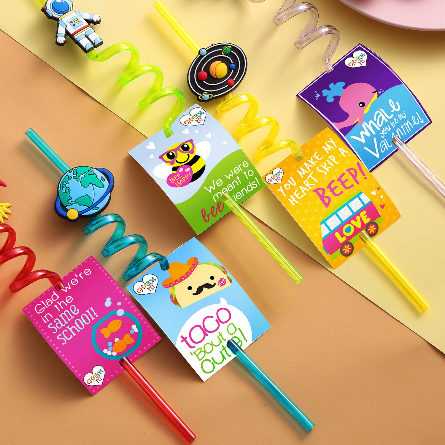 Outer Space Straws Party Favors for Theme Birthday Party Supplies with 2 Cleaning Brush | Solar System Rocket Spaceship Astronaut Satellite Planet Attachments (24+2)
