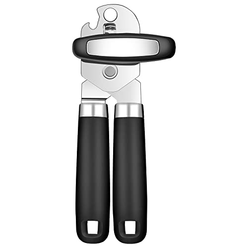 Can Opener Manual, Tymoosty Can Opener Strong Heavy Duty, Smooth Edge Cut, Oversized Knob, Soft Grip Handle, Built-in Bottle Opener, Black