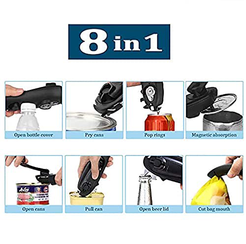 Can Opener Manual 8 in 1 Multifunctional Stainless Steel Bottle Opener with Smooth Edges Hand Held Kitchen Tool with Rotary Handle Gifts for Seniors Safe and Easy to Use （Black）