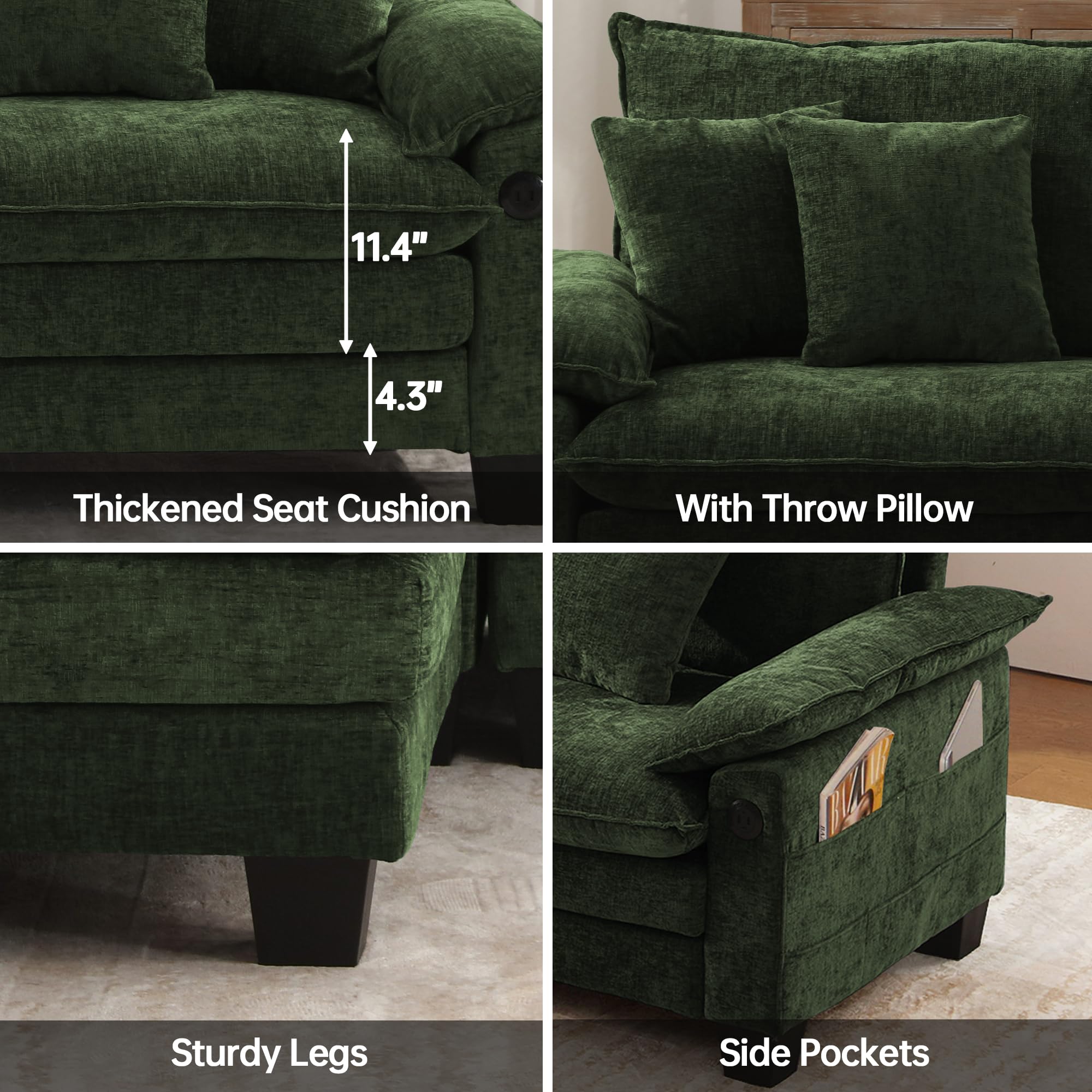 DURASPACE Modular Sectional Sofa 144'' Cloud Couch U Shaped 4-Seater Sectional Couches with 2 Movable Ottoman, USB, Comfy Sectionals Sofa for Living Room (Chenille Green)