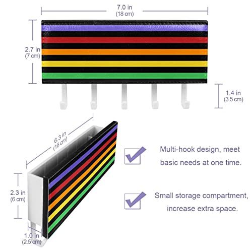 Colorful Horizontal Lines Striped Pattern with Black Background Mail Holder Organizer and Key Hooks PU Front, Self Adhesive Key Rack with 5 Hooks Perfect for Entryway, Hallway,Bathroom ,Kitchen