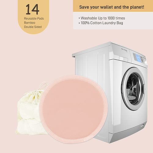 Langsprit Leak-Proof Reusable Bamboo Nursing Pads(14 Pack),Super Absorbent Washable Breast Pads with Laundry Bag (Original, Round)