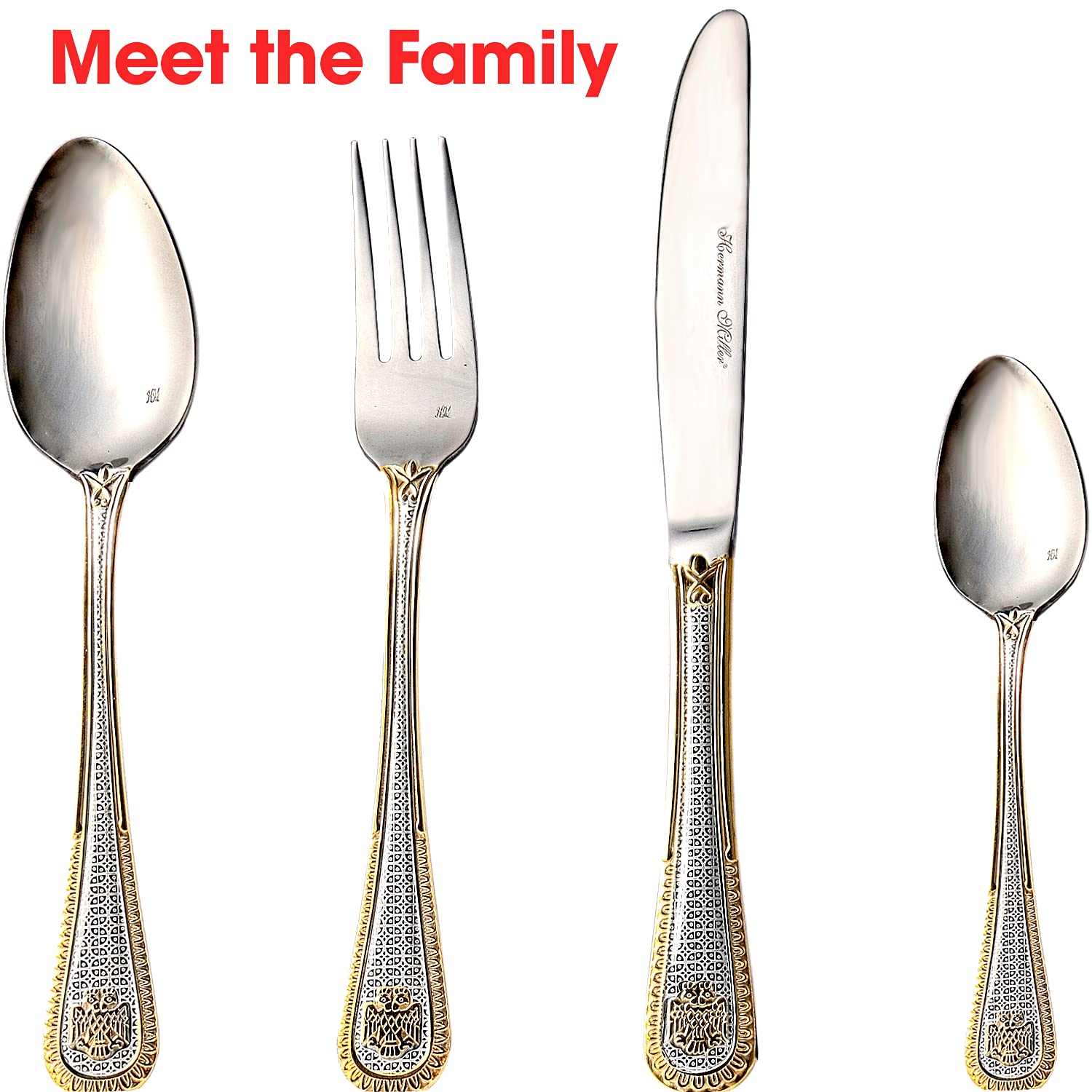 Hermann Miller Royal Family Collection 72 Piece Fine Flatware Silverware Set with Gift Carrying Case, Elegant Design, Serves Parties 12 people, Perfect Housewarming Graduation for Loved Ones, Gold